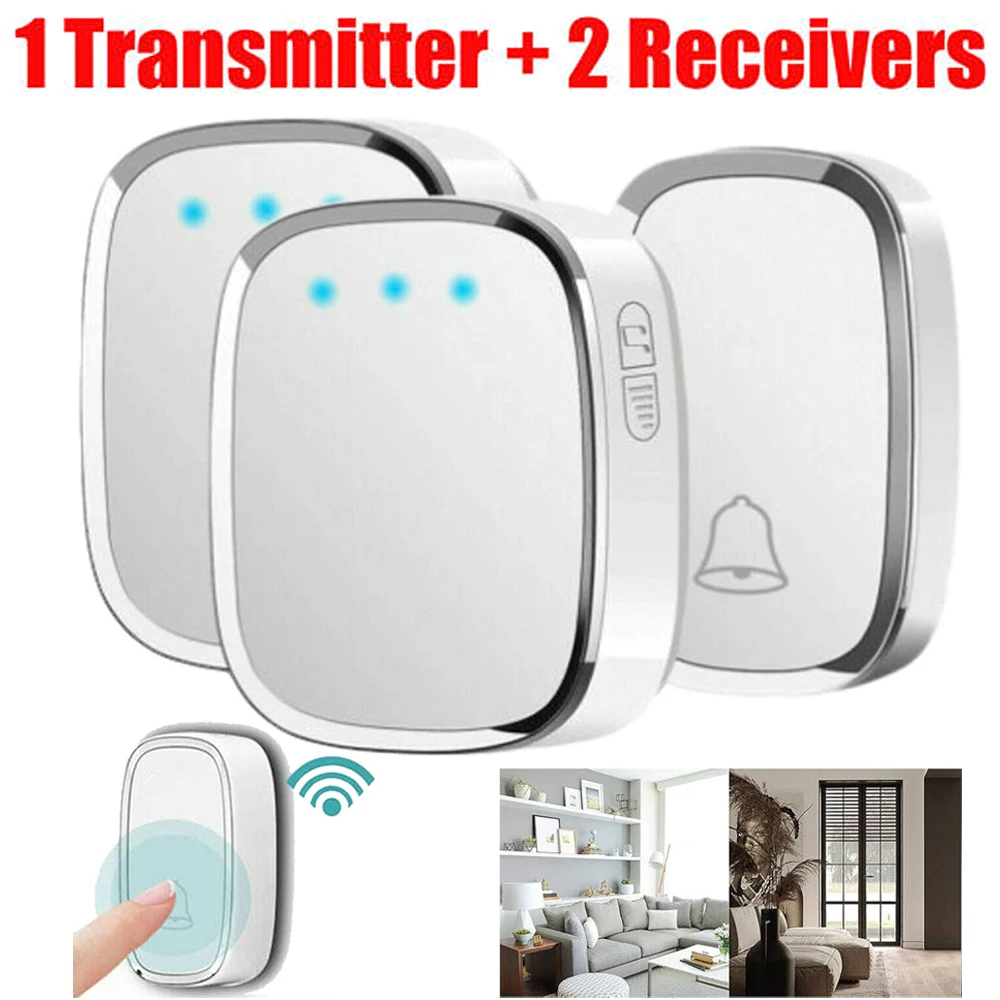 2 Receivers! Wireless Doorbell Waterproof Wall Plug-in Cordless Door ...