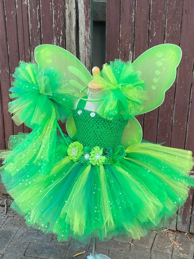 Girls Green Flower Fairy Dress Kids Glitter Tutu Dress with Butterfly ...