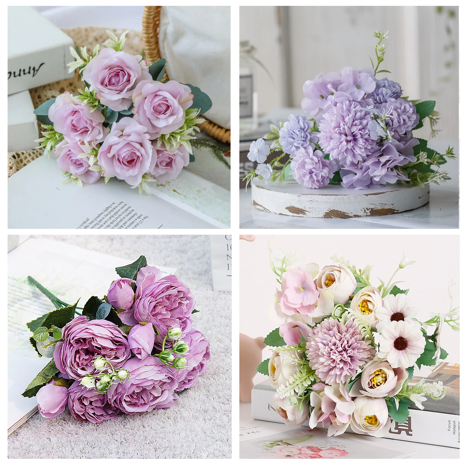 1 Bouquet Purple Artificial Flowers Peony Tea Rose Autumn Silk Fake ...