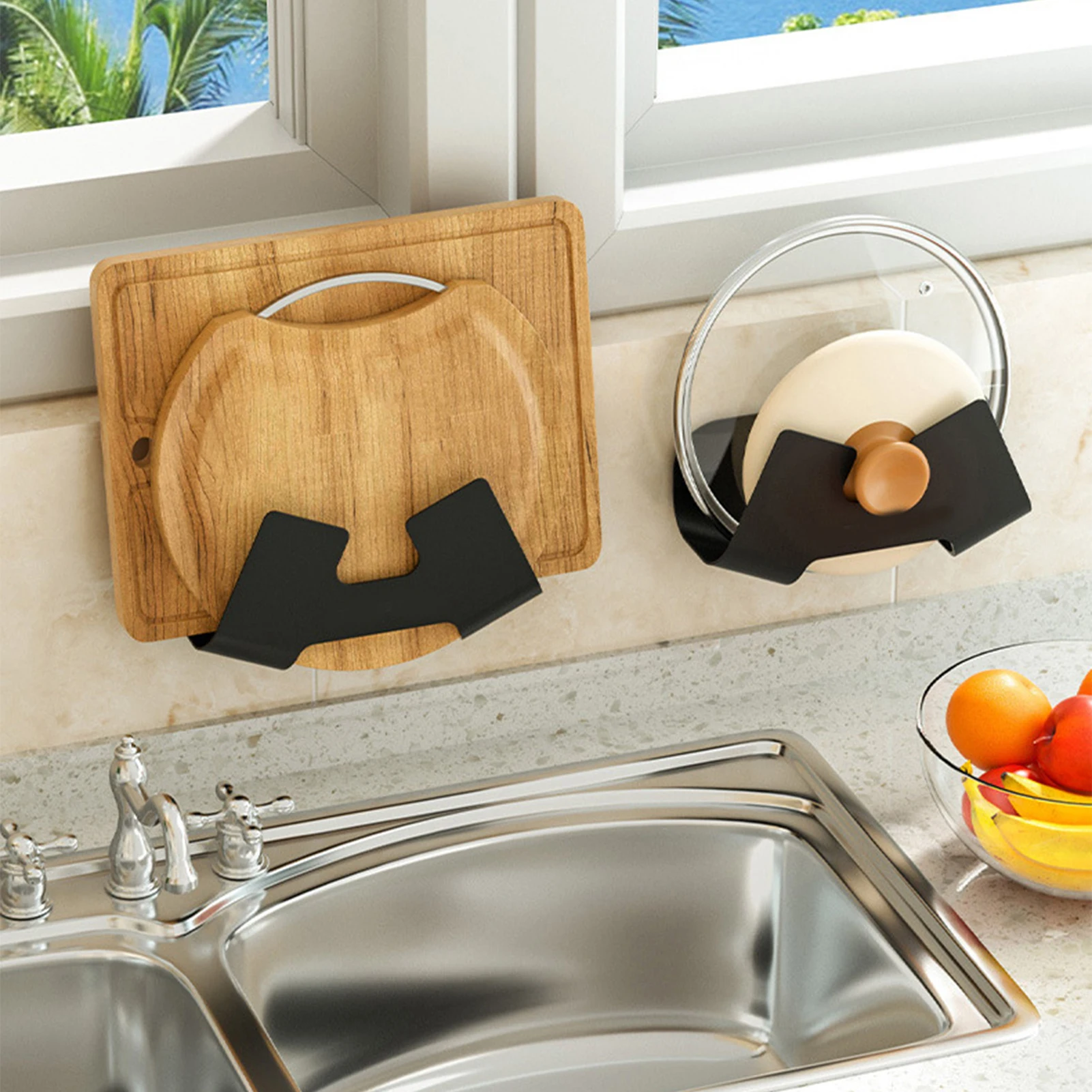 ติดผนังหม้อฝาปิดอเนกประสงค์ Punch ฟรีหม้อ Rack Cutting Board Rack ...