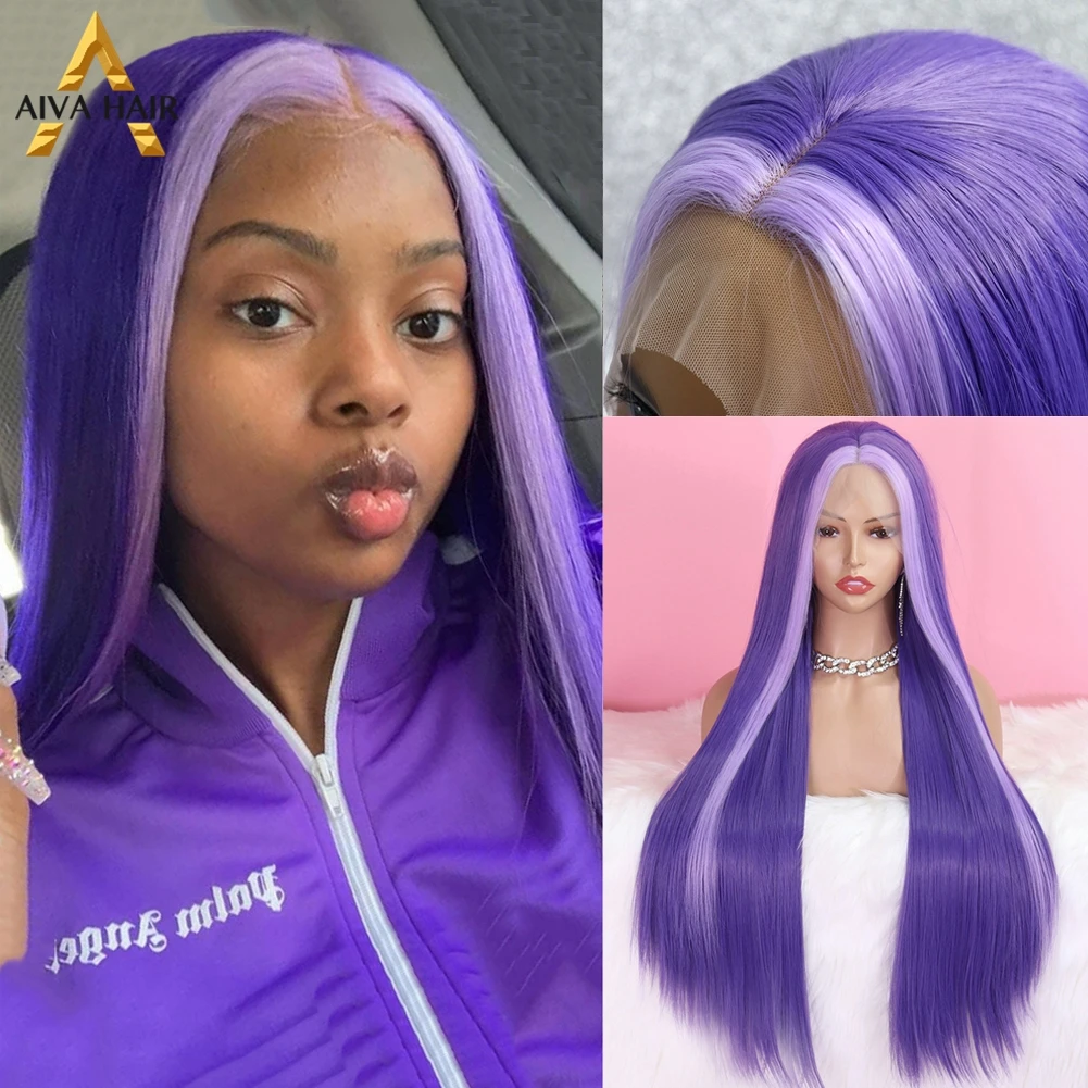 Destaque roxo peruca dianteira do laço sintético glueless vermelho rosa ...