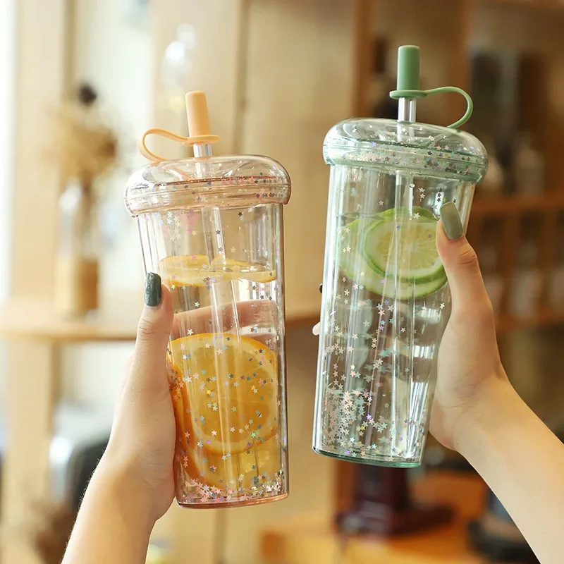 320-420-520ml-Water-Bottle-with-Straw-Transparent-Glass-Bottles-Large-Capacity-Plastic-Coffee ...