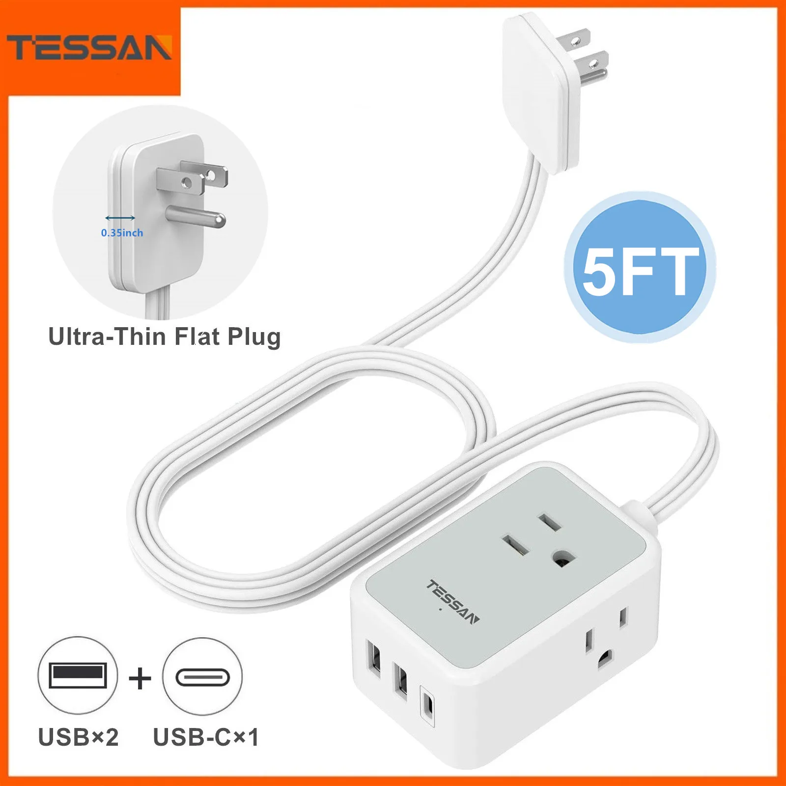 TESSAN Ultra Thin Flat Plug Power Strip with 3 Outlets 2 USB Ports 1 ...