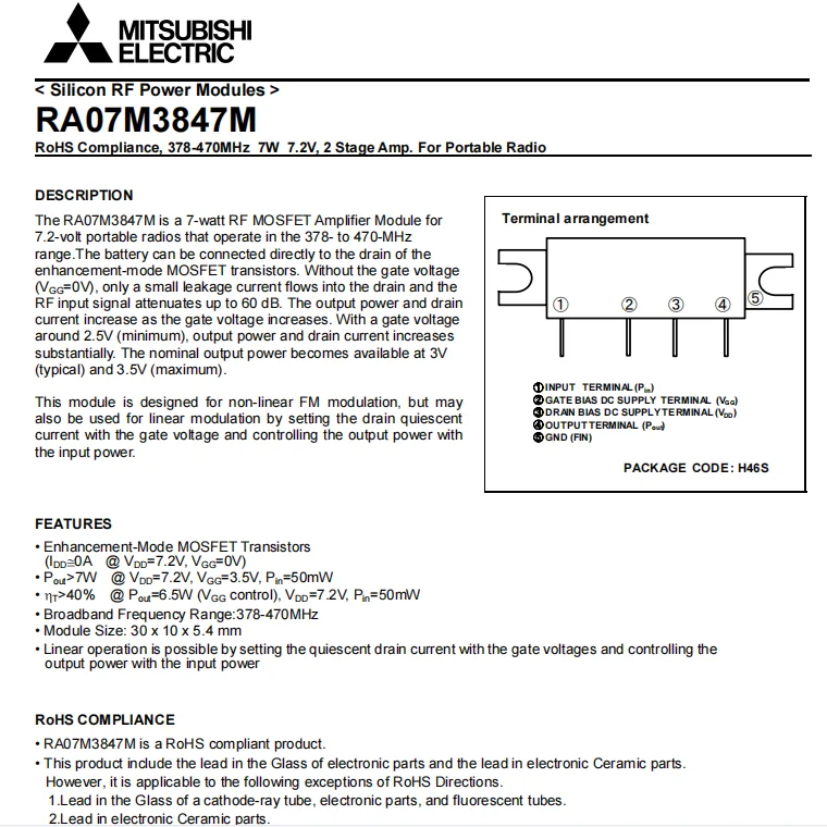 RA07M3847M-501 módulo 378-470mhz 7w 7.2v de ra07m3847m h46s mitsubishi ...