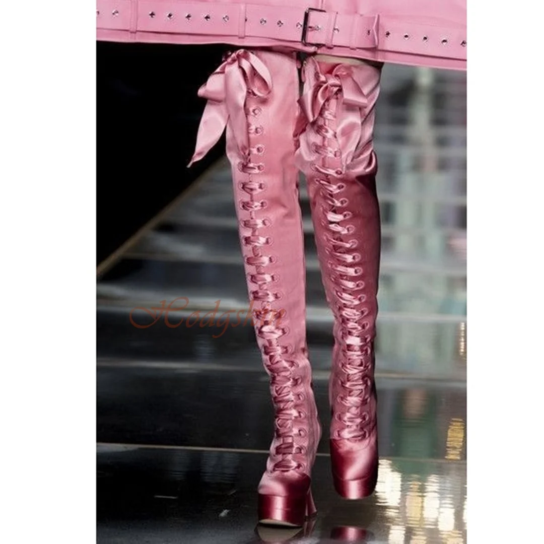 Silk-Cross-Tied-Thigh-High-Boots-Round-Toe-Platform-Chunky-High-Heels ...