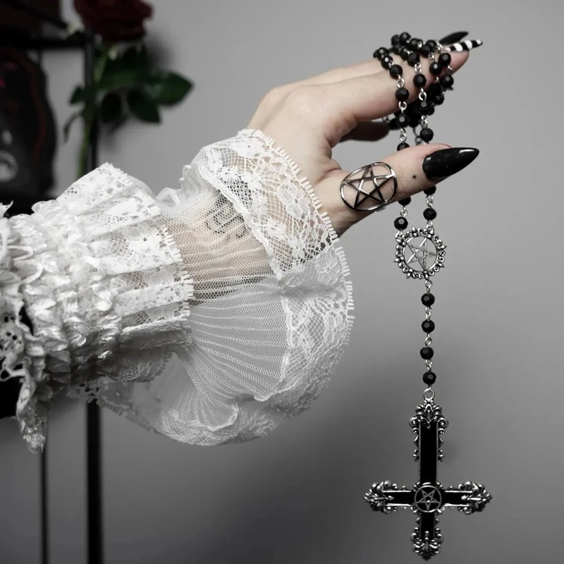 Stunning Pentagram Cross necklace Black Crystal Gothic Statement Rosary ...