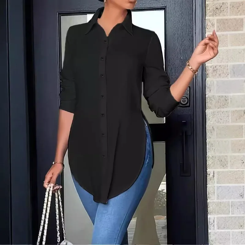 Casual Simple Mid Length Long Sleeve Women Autumn Blouses Fashion Shirt ...