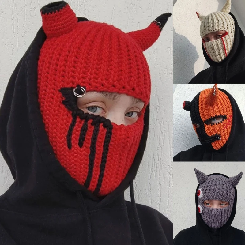 Halloween-Funny-Horns-Knitted-Full-Face-Mask-Horn-Woolen-Hat-Balaclava ...