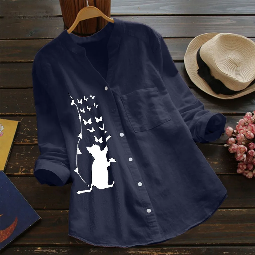 Cat-Printed-Women-s-Blouses-Pockets-Cotton-Linen-Casual-Women-s-Shirts ...