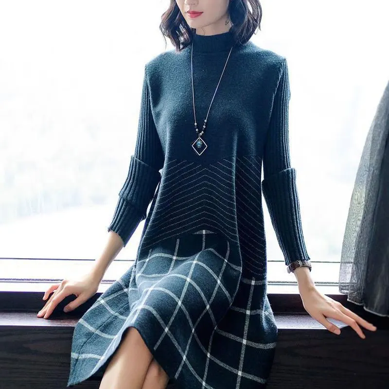 Autumn-Winter-Half-High-Collar-Knitted-Dresses-Casual-Printed-Female ...