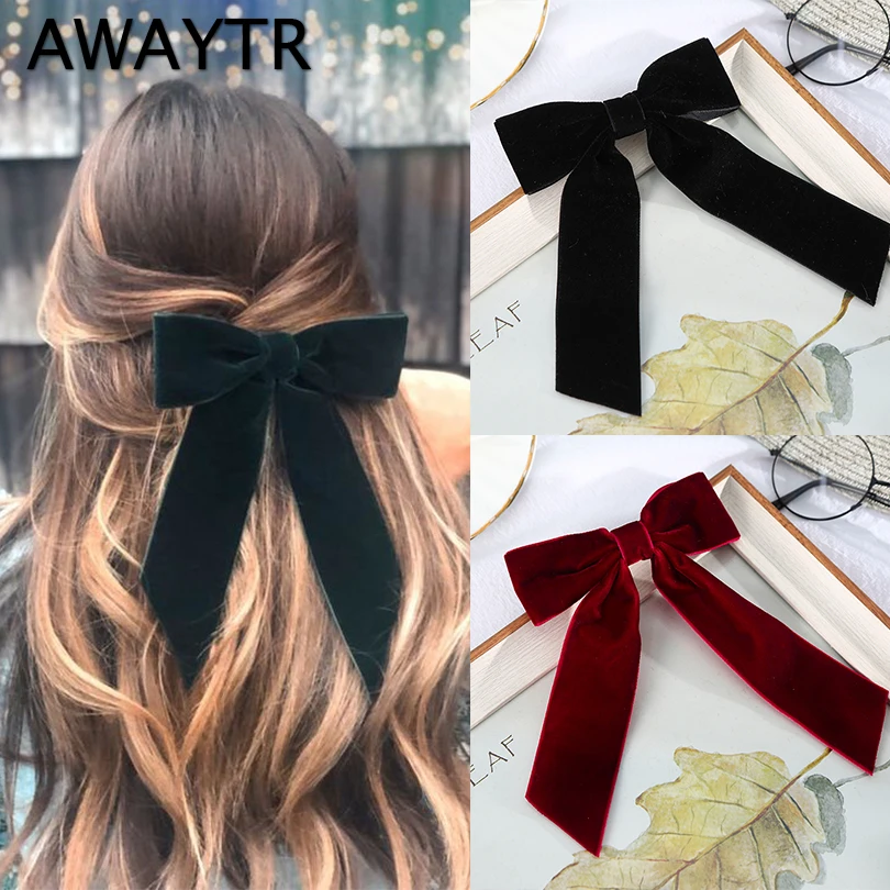 Girls-Black-Red-Big-Velvet-Bow-Hair-Clip-For-Women-Vintage-Wedding-Long ...