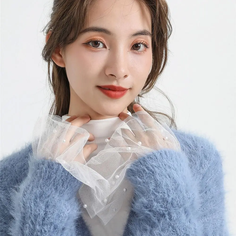 Flared-Sleeves-Pearl-Double-Layer-Pleated-Mesh-Fake-1Pair-Detachable ...