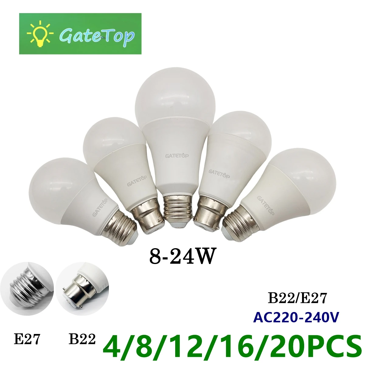 4-20PCS-LED-Bulb-AC220V-B22-E27-8W-24W-High-Lumen-Without-Strobe-3000K ...
