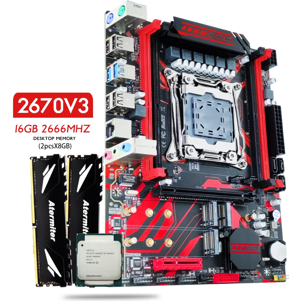Atermiter X99 D4 Motherboard Set com Xeon E5 2670 V3 CPU LGA 2011-3 Processador DDR4 16GB (2X8GB ...