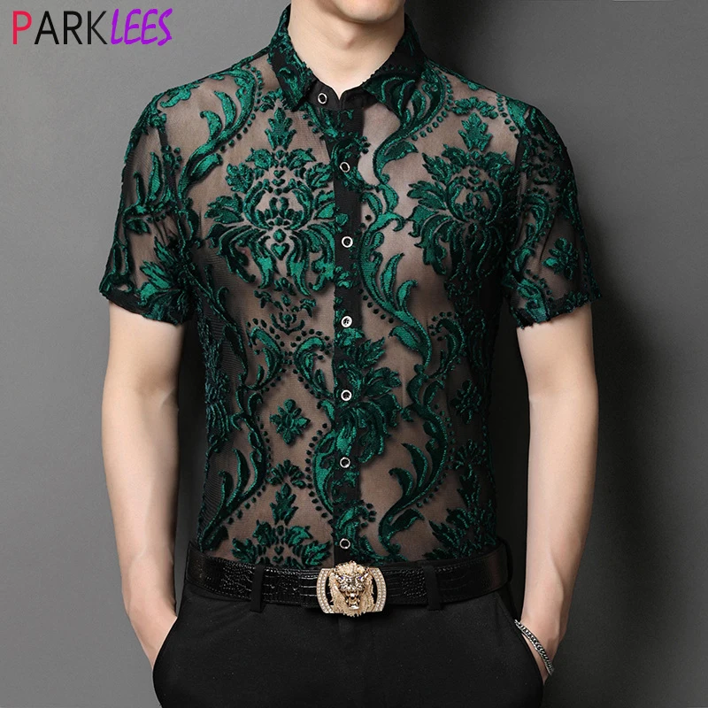 Green Floral Embroidery Transparent Shirt Men Transparent See Through ...