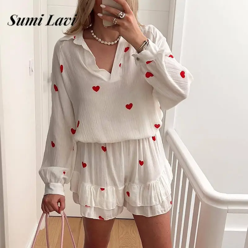 Cotton-Linen-Love-Print-Short-Pant-Outfits-Elegant-Lapel-V-neck-Top ...