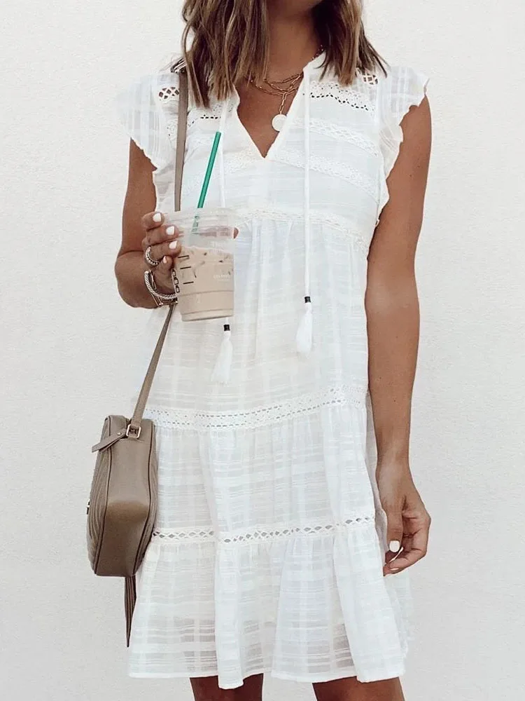 White Mini Dress Women Summer Casual V V Neck Cotton Short Dress Ladies ...