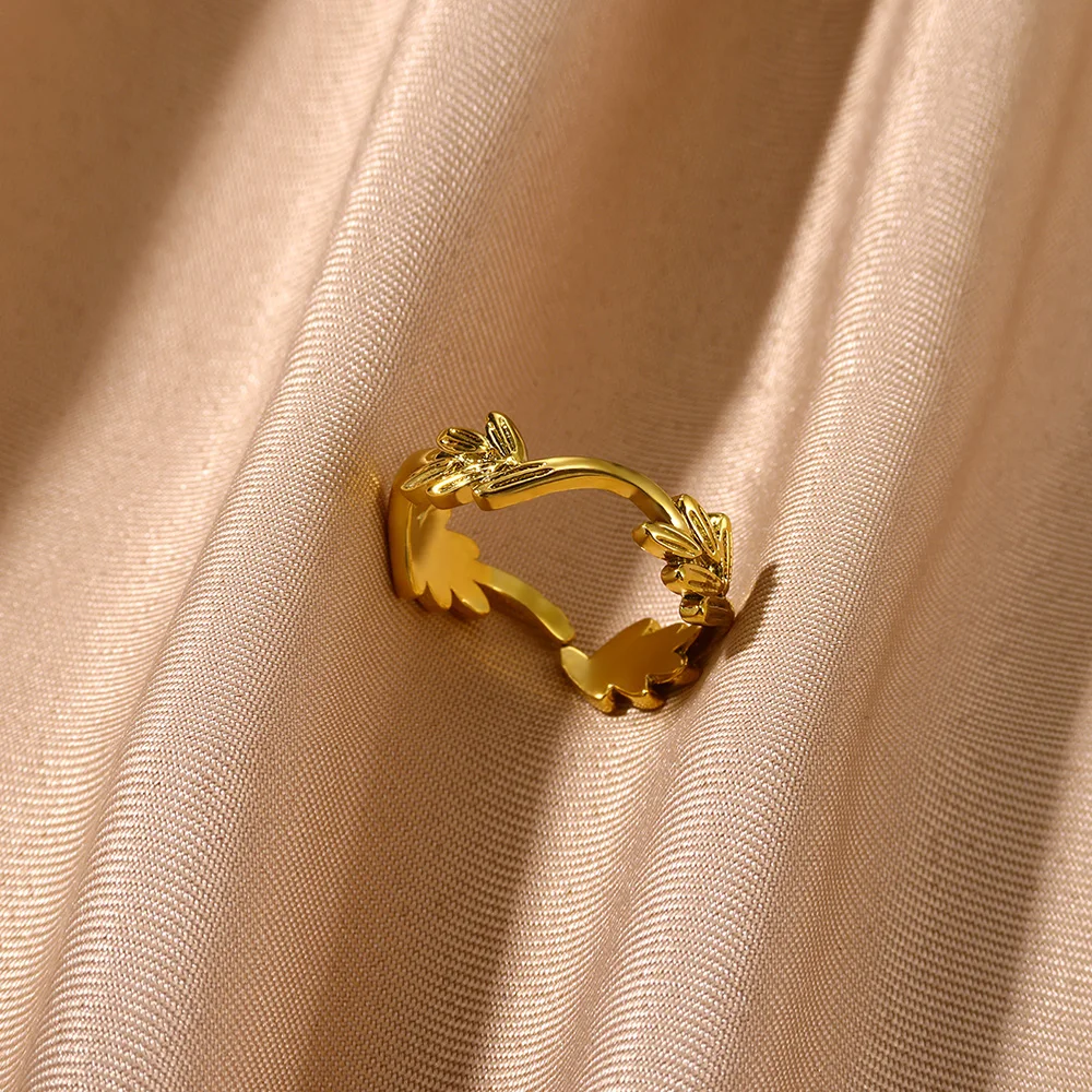 Exquisite-Branch-Leaf-Rings-For-Women-Open-Adjustable-Stainless-Steel ...