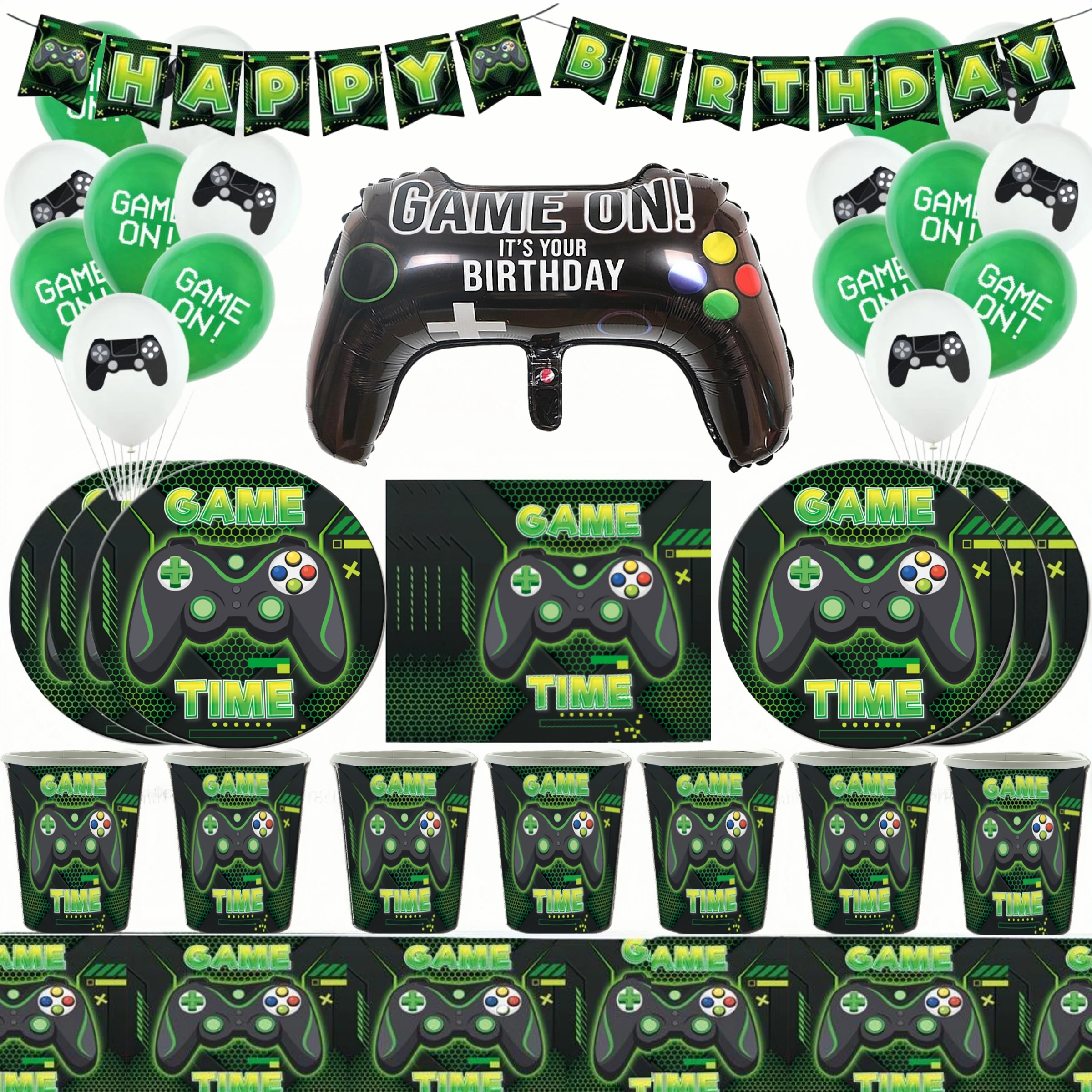 Green-Video-Game-Happy-Birthday-Party-Decoration-Disposable-Tableware ...