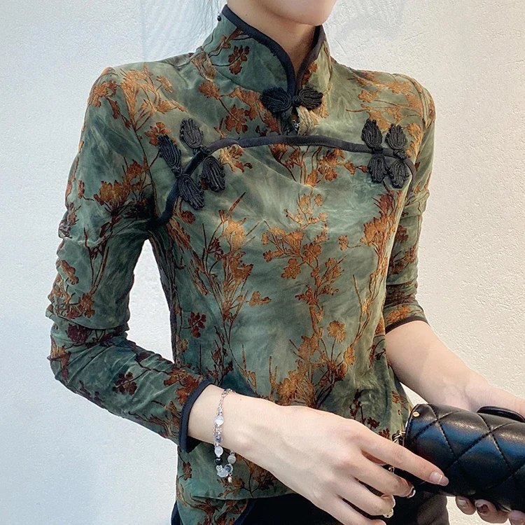 Chinese style retro button up top women standing collar shirt long ...