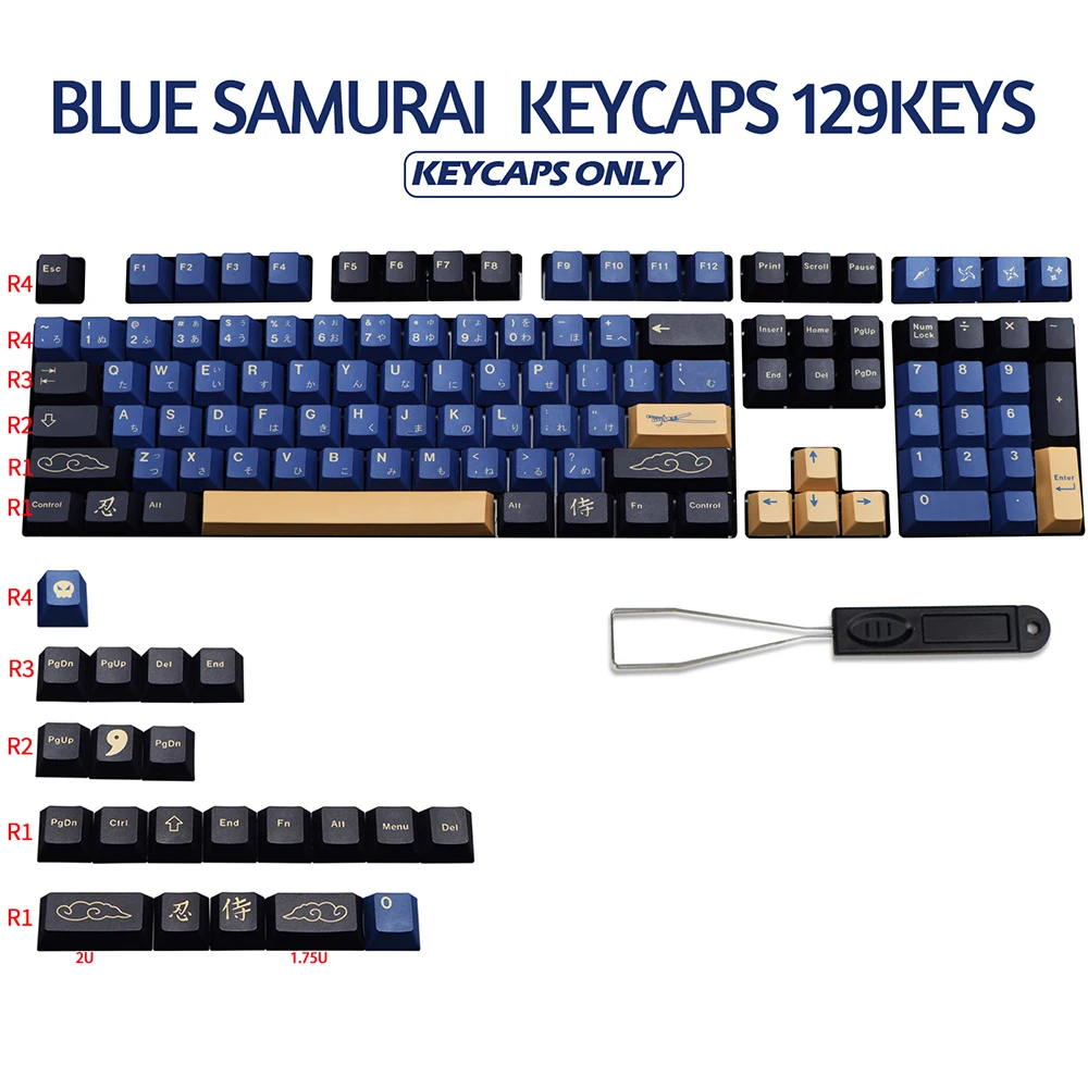 Blue Samurai Keycaps 129 Keys PBT Cherry Profile Key Caps Japanese with ...