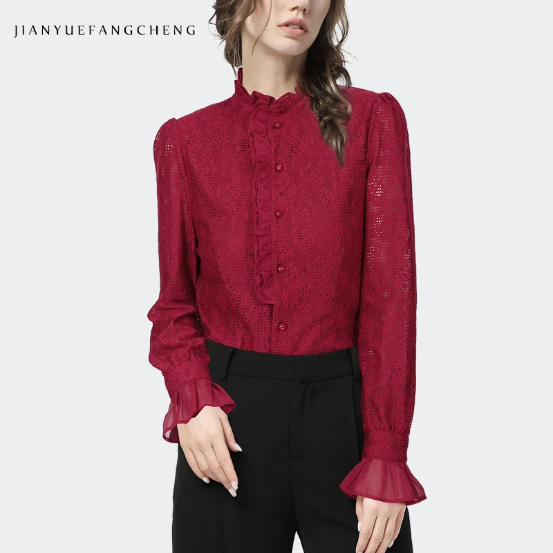 Fashion-Hook-Flower-Hollow-Wine-Red-Lace-Shirt-Women-2024-primavera ...