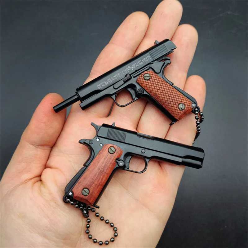 1:3 Solid Wood Handle Black 1911 Metal Keychain Model Toy Gun Miniature ...