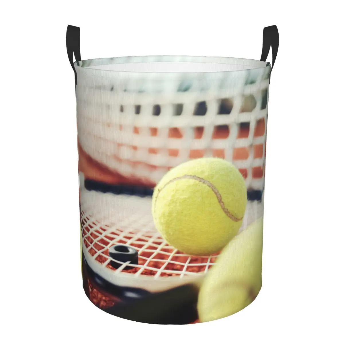 Folding-Laundry-Basket-Tennis-Ball-With-Racket-On-Tennis-Court-Round ...