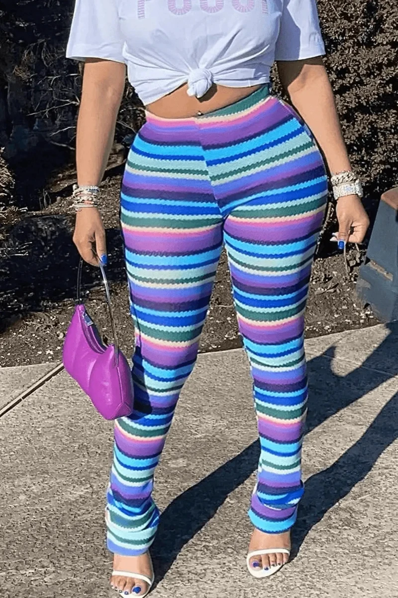 STYLISH LADY Contrast Color Striped Printed Pile Pants 2025 Summer ...
