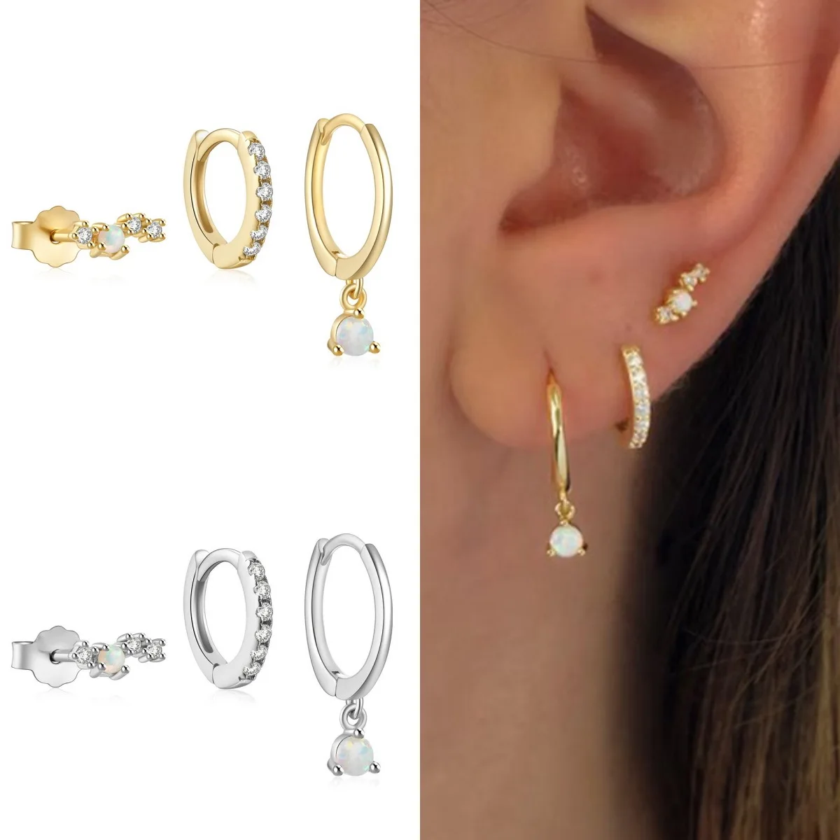 3PCS Exquisite Opal Rhinestones Dangle Hoop Earrings Set for Women ...