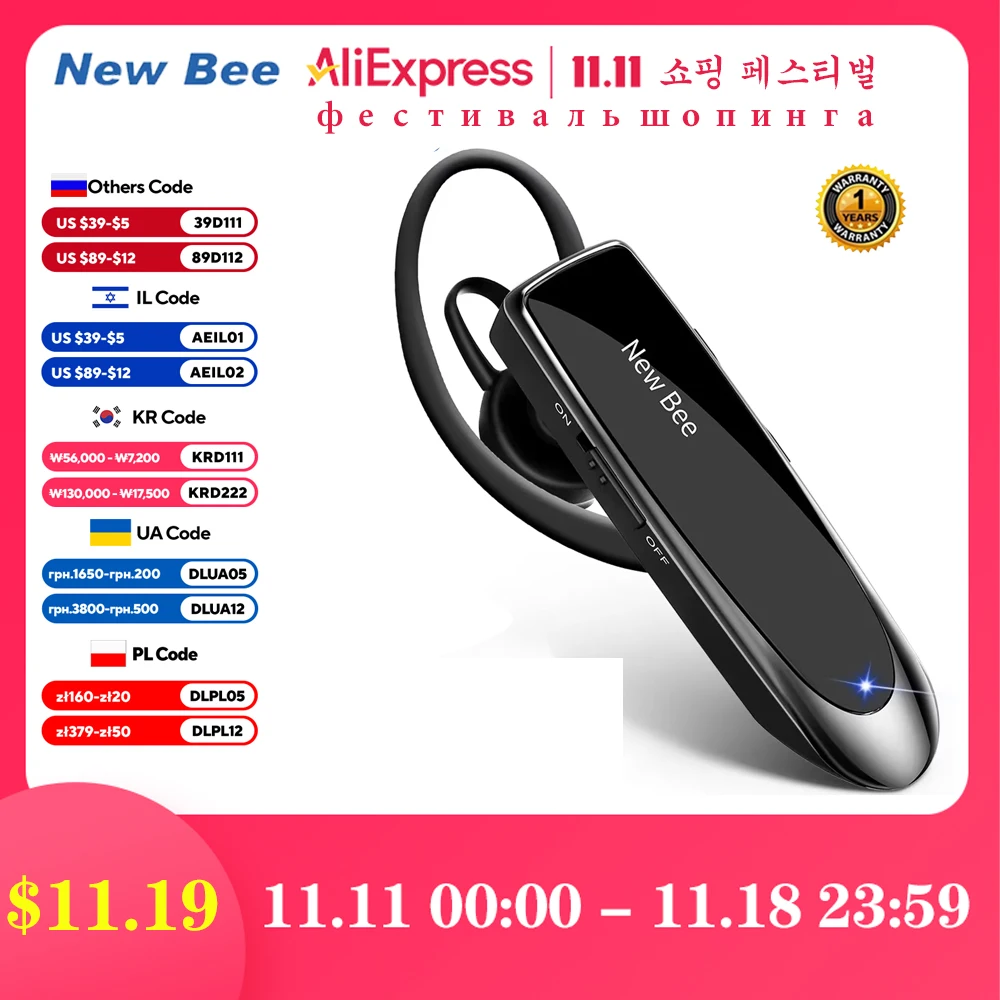 New-Bee-Bluetooth-Headset-V5-0-Wireless-Earphones-Headphones-with-Mic ...