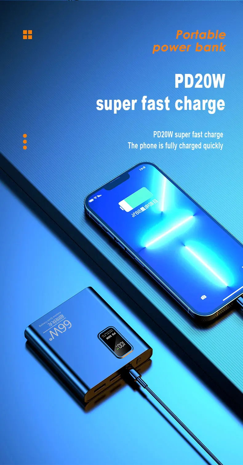 초고속 충전 파워 뱅크, 휴대용 미니 20000mAh 충전기, 디지털 디스플레이 외부 배터리 팩, 아이폰 샤오미, 66W ...