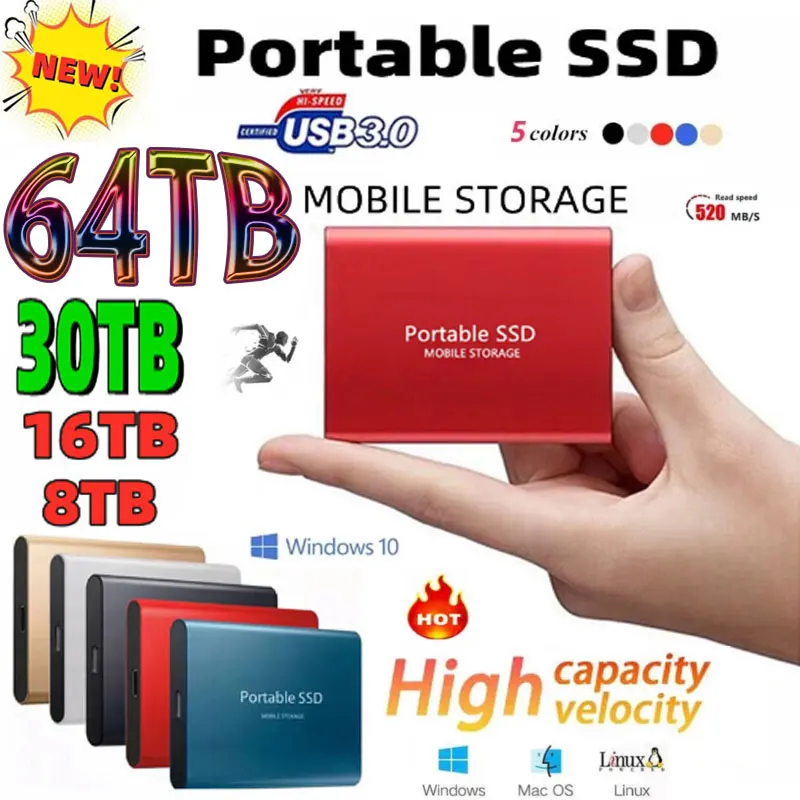 Tragbare 64TB SSD Hochgeschwindigkeits-Solid-State-Laufwerk 500GB externer Speicher ...