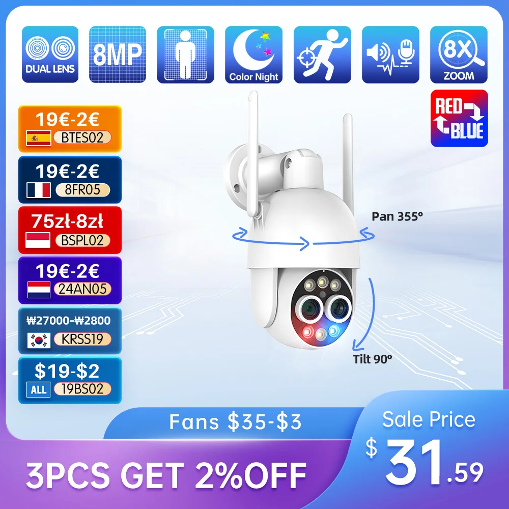 Techage-PTZ-4K-8MP-WIFI-Camera-8X-Zoom-Wireless-IP-Camera-Dual-Lens-Two ...