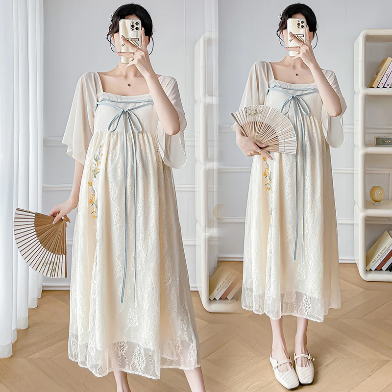 Summer Chinese Style Embroidered Lace Dress for Pregnant Women Hanfu ...