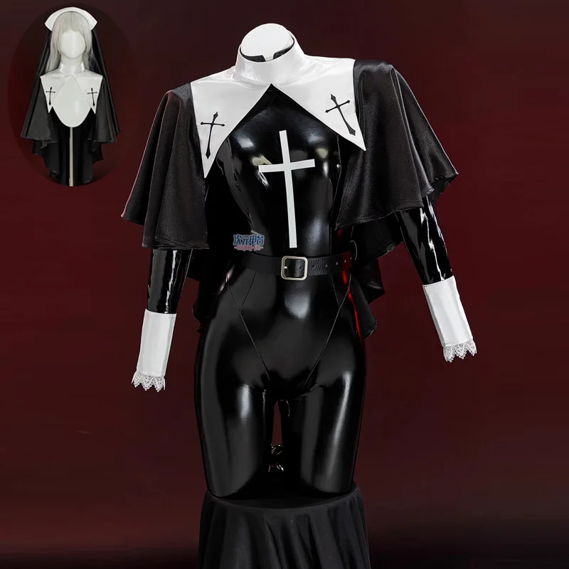 Nun Cosplay Costume Women Sexy Leather Nun Jumpsuit Belt Headwear Suit ...