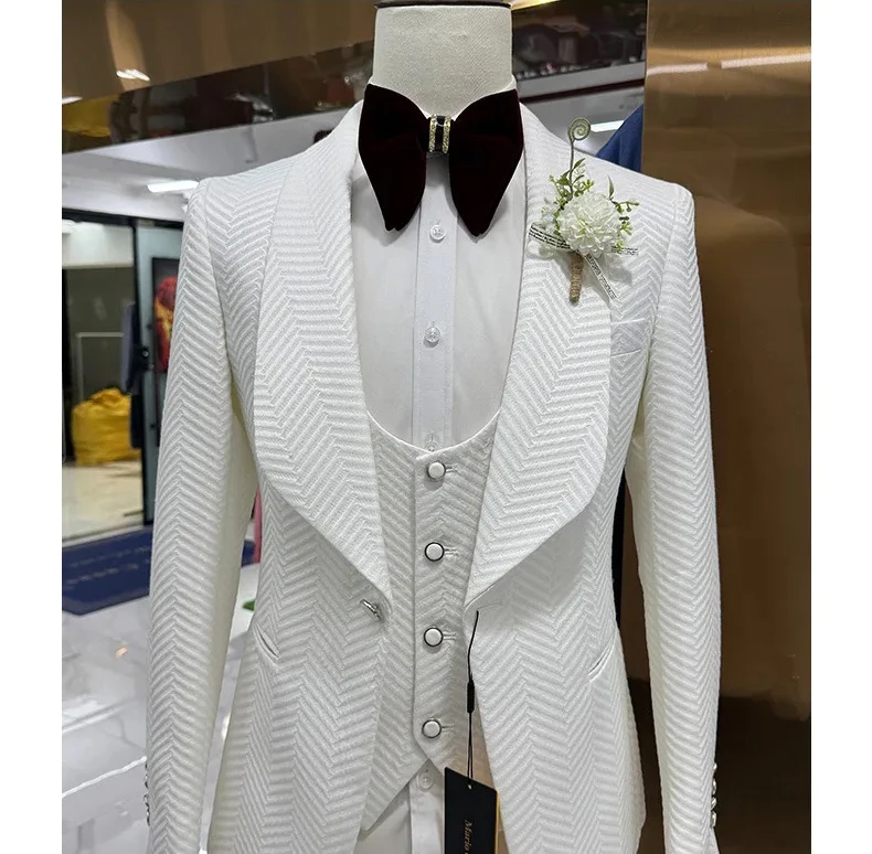 Men's Suits 3 Pieces Cotton Herringbone Formal Suit Set Blazer Vest ...