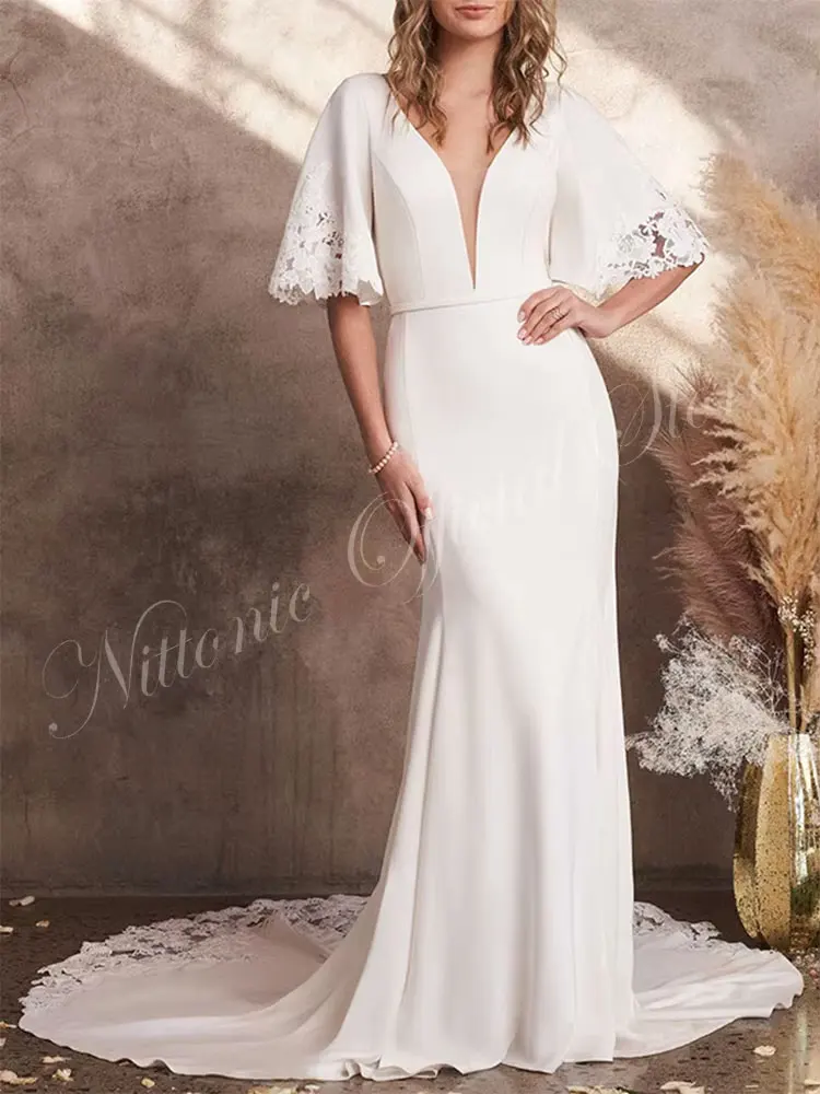 Long-Wedding-Dress-for-Women-Bride-2023-Appliques-Deep-V-Neck-Half ...