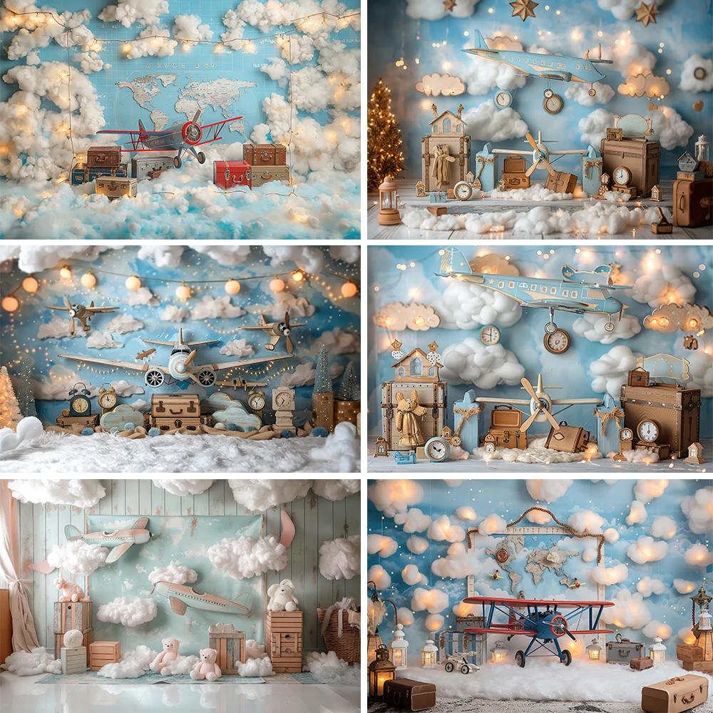 Bonvvie Airplane Cloud World Travelling Theme Backdrop Aircraft ...