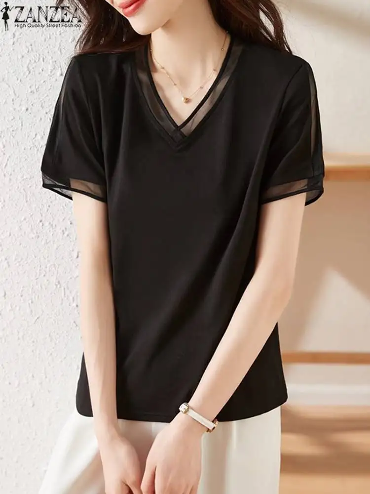 ZANZEA-Women-V-neck-Office-Shirts-2024-Summer-Chiffon-Stitching-Tops ...