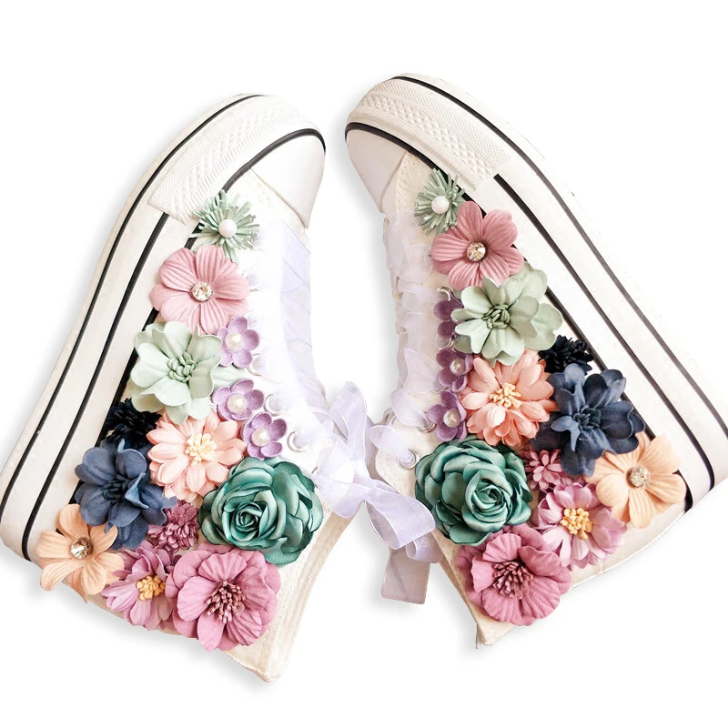 Spring Summer Handmade Flower Canvas Shoes for Women Student Height ...
