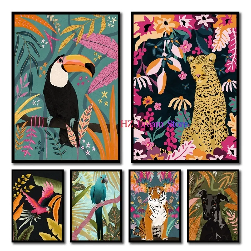 Tropical Floral Jungle Animals Toucan Tiger Parrot Leopard Posters ...