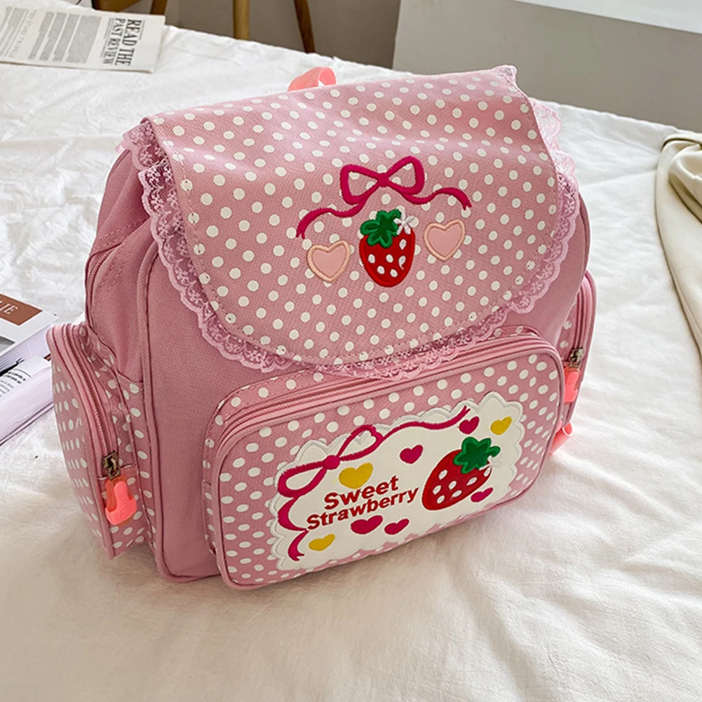 Kawaii Outdoor Daypack Cute Strawberry Embroidery Student Mochila Dots ...