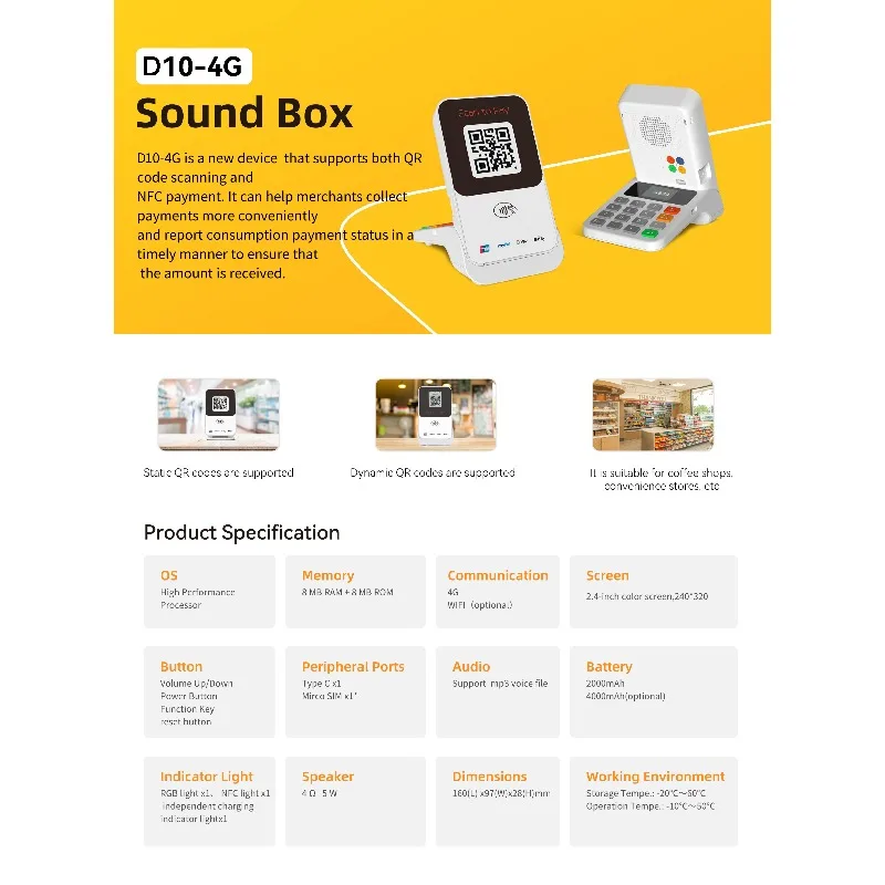 4G Wi-Fi Dynamic Static Qr Code Display Payment Voice Speaker Soundbox ...