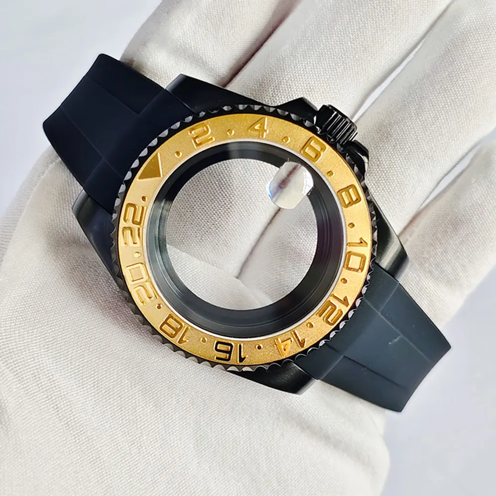 Black 40mm GMT SUB Watch Case Silicone Strap Set Waterproof Sapphire ...