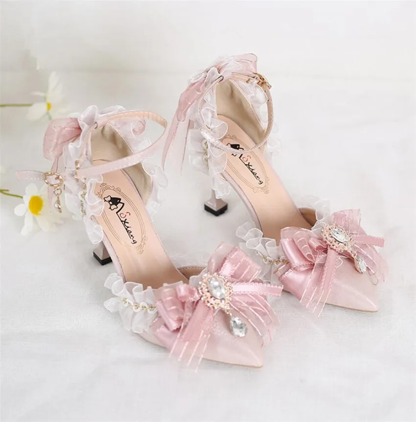 5cm-8cm-Heel-Pink-Lolita-Bowknot-Lace-Bridal-Wedding-Shoes-Women-High ...