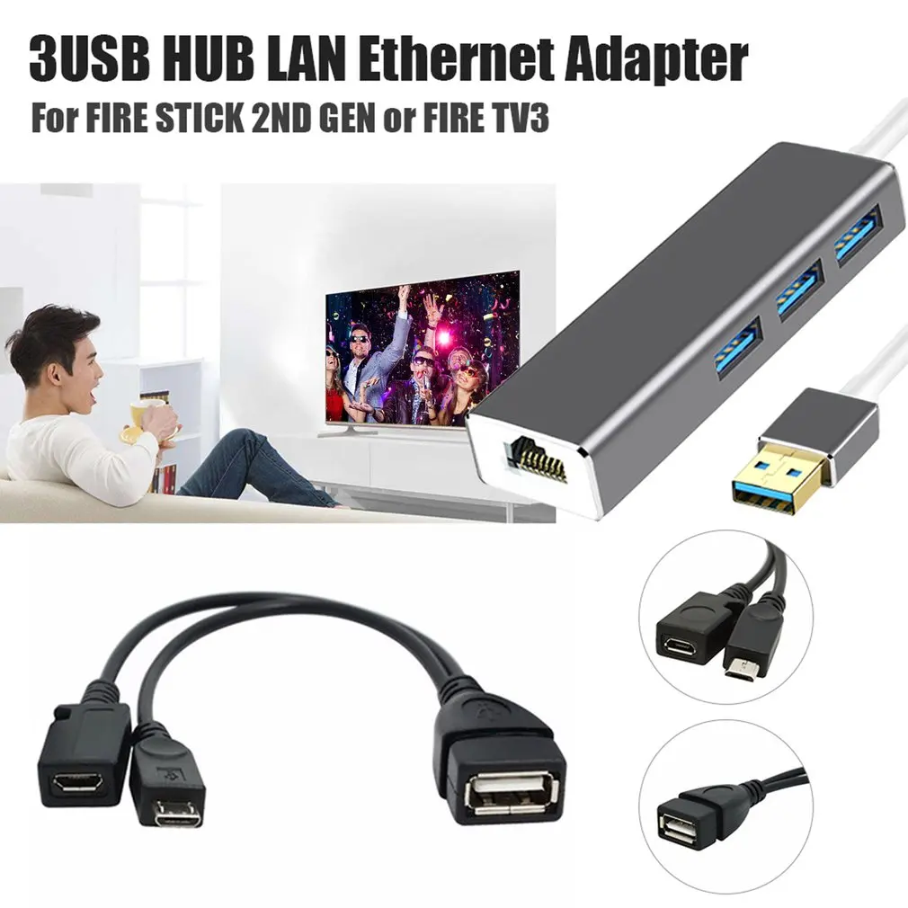 1080P 3 USB HUB LAN Ethernet Adapter + OTG USB Cable for Fire Stick 2ND ...