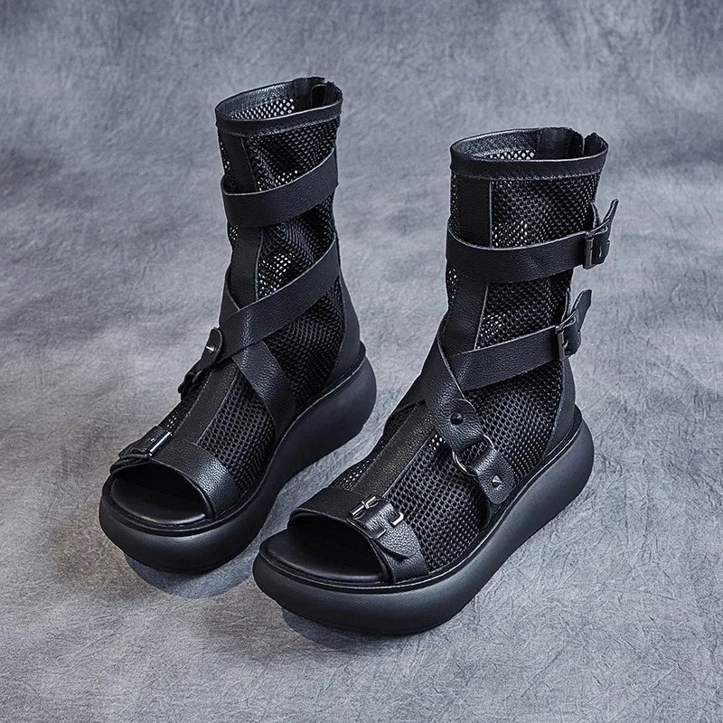 Hollow-Mesh-Breathable-Boots-Vintage-Cowhide-Flat-Gladiator-Women ...