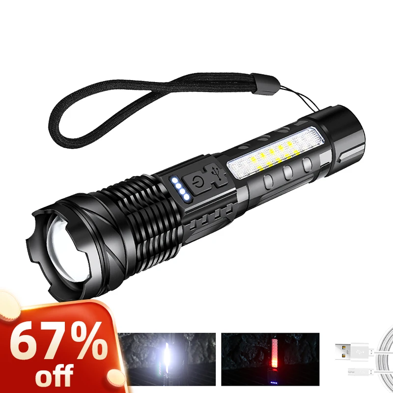 Linterna de luz LED COB potente, lámpara portátil recargable brillante ...