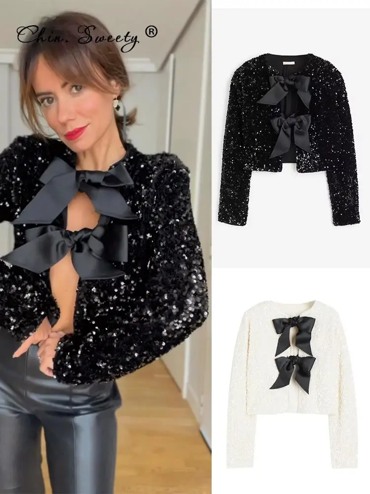 Tie-front-Bow-Sequin-Jacket-For-Women-Chic-Vacation-Sparkling-Coat ...